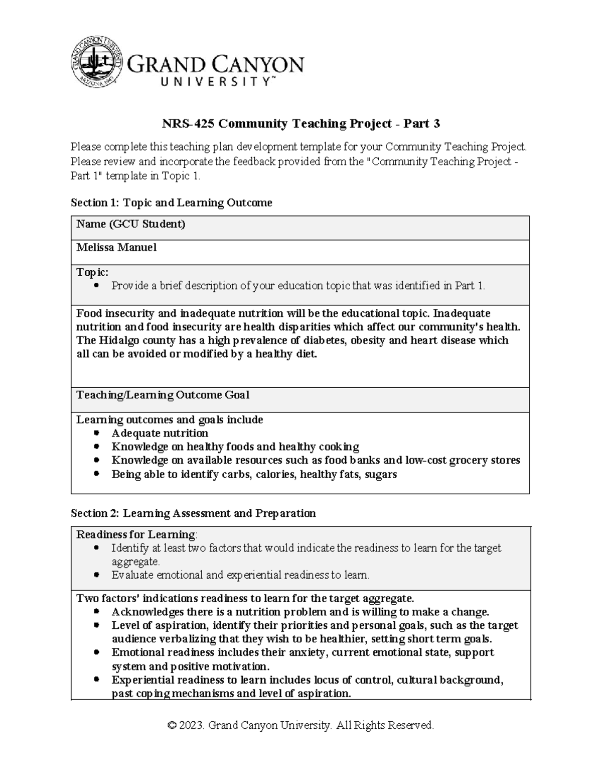 NRS 425 RS T2 Community Teaching Project Part 3 - NRS-425 Community Teaching Project - Part 3 ...