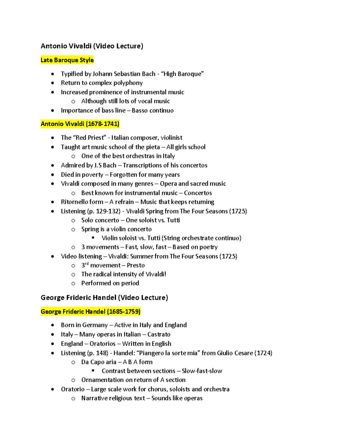 Midterm Study Guide - Antonio Vivaldi (Video Lecture) Late Baroque ...