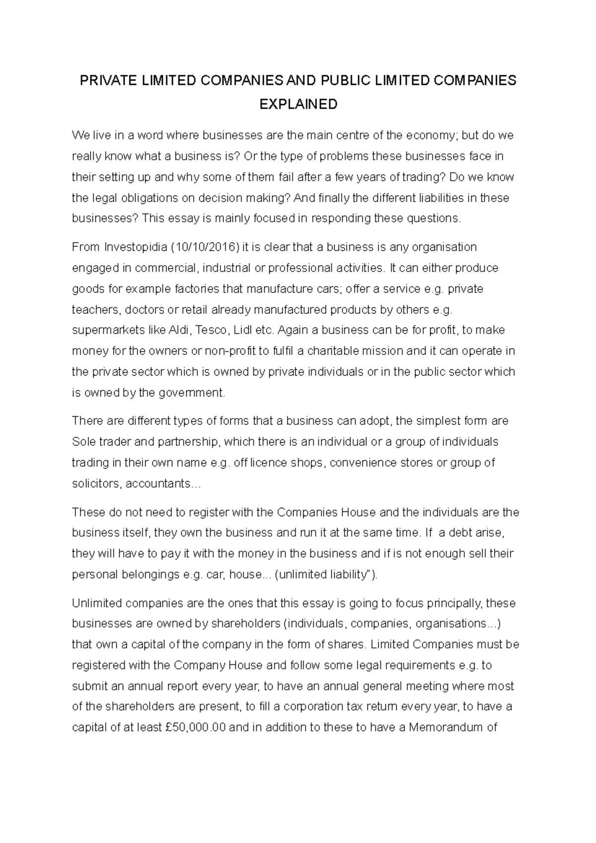 Private and public limited companies - PRIVATE LIMITED COMPANIES AND ...