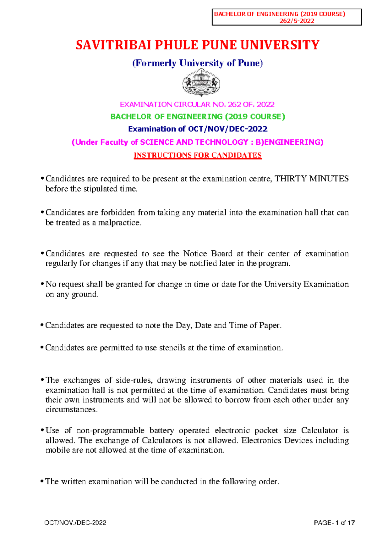 B.E. 2019 Pattern Timetable FOR NOV.DEC-2022 EXAM - 262/S- SAVITRIBAI ...