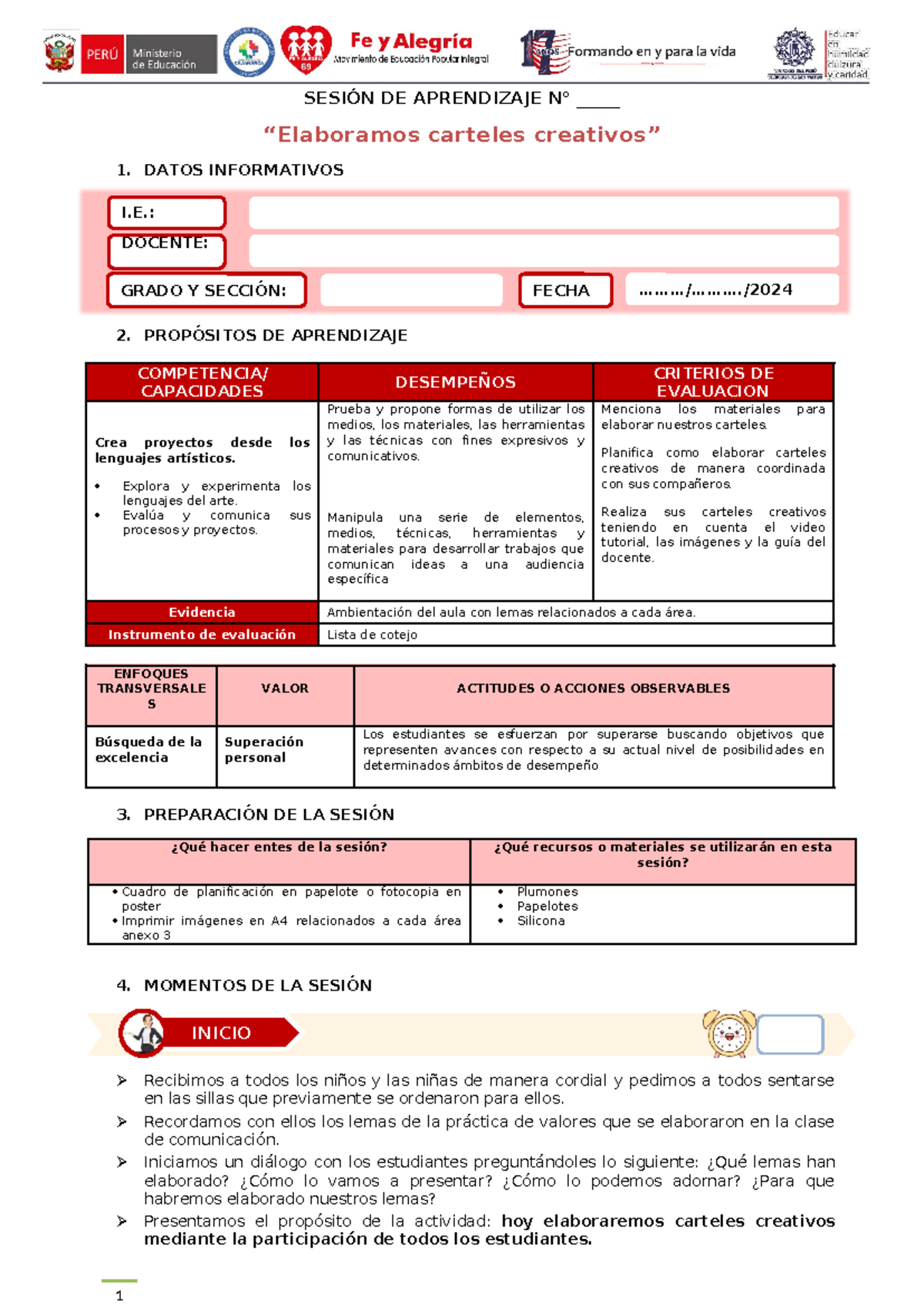 DIA 4 - 6to Grado - SESIÓN DE APRENDIZAJE N° _____ “Elaboramos carteles creativos” 1. DATOS ...