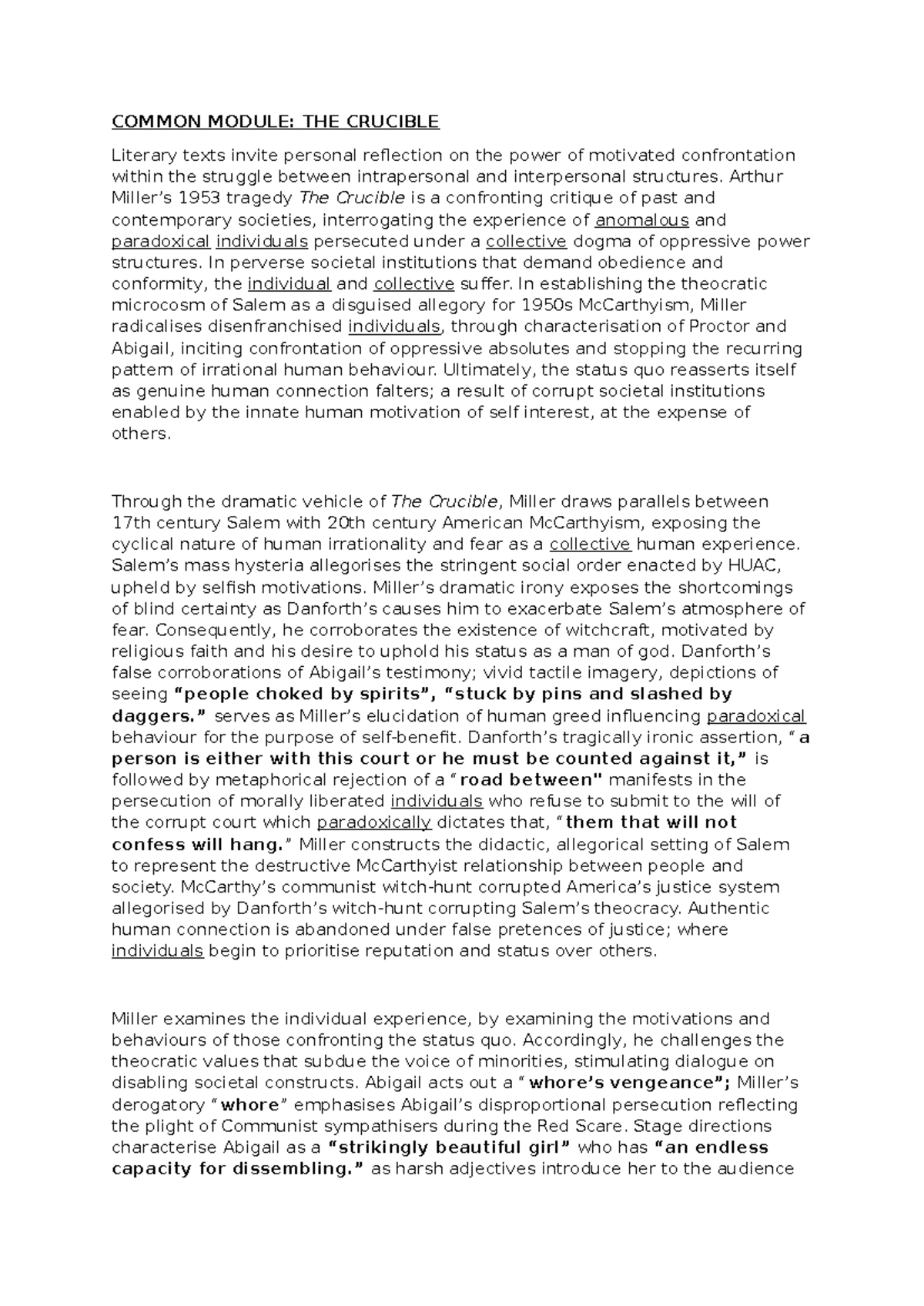 Common Module - the Crucible HSC Essay - COMMON MODULE: THE CRUCIBLE ...