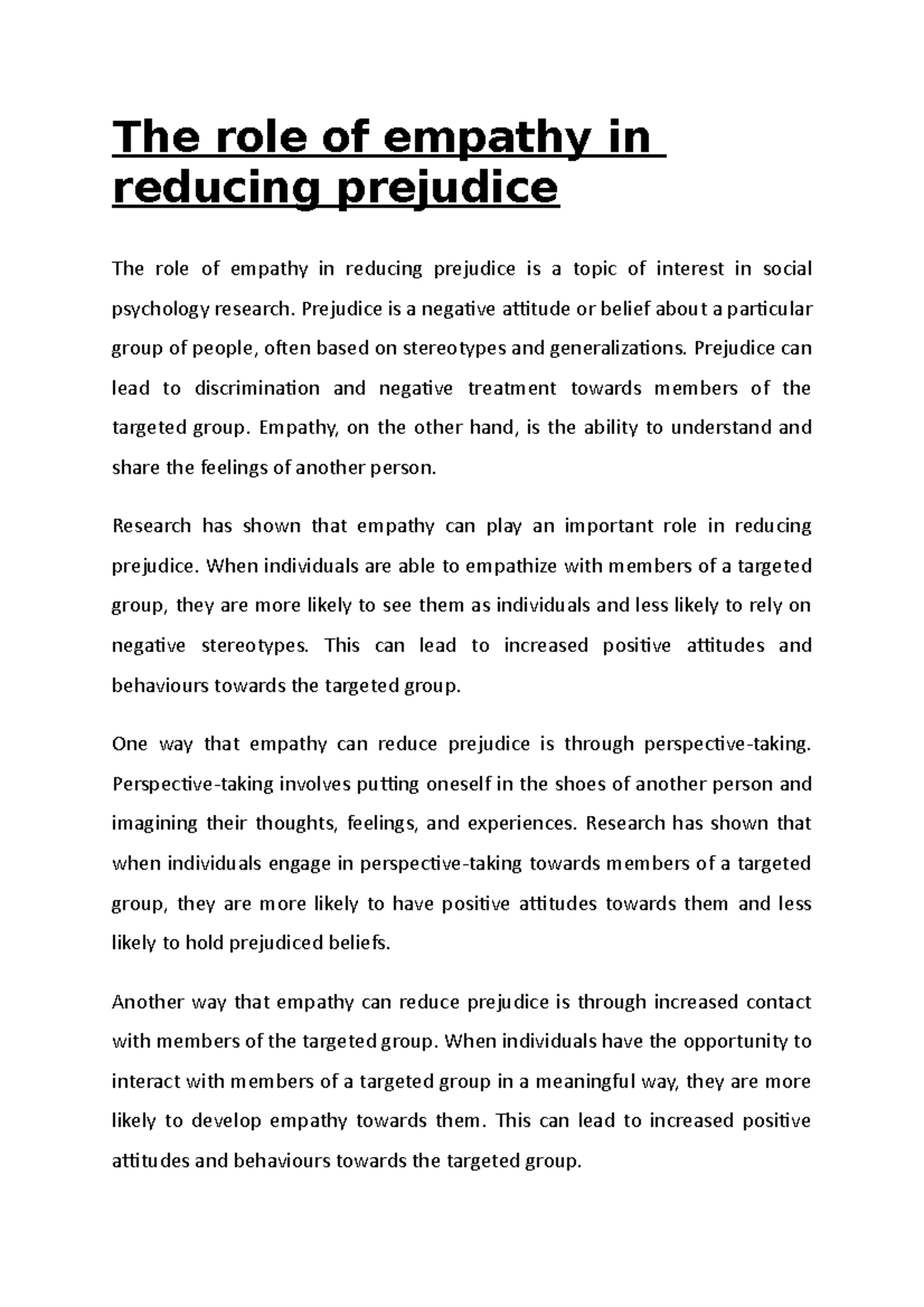 The role of empathy in reducing prejudice - Prejudice is a negative ...