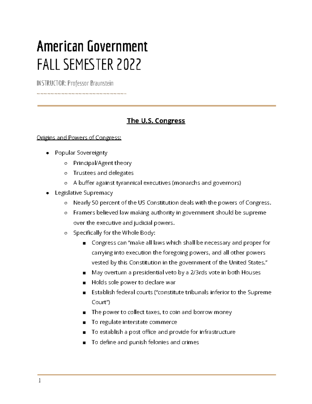 American Government Class Notes Congress - American Government FALL ...