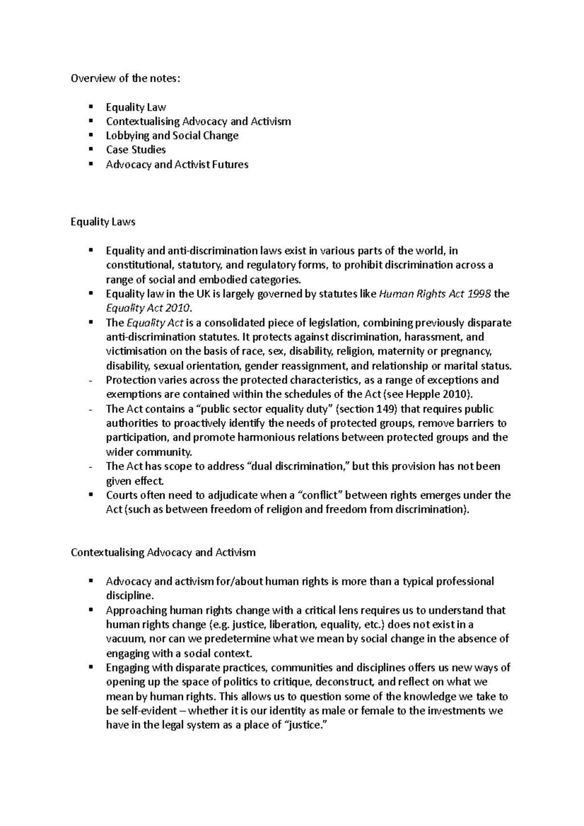 Equality law and contextualising - Overview of the notes: § Equality ...