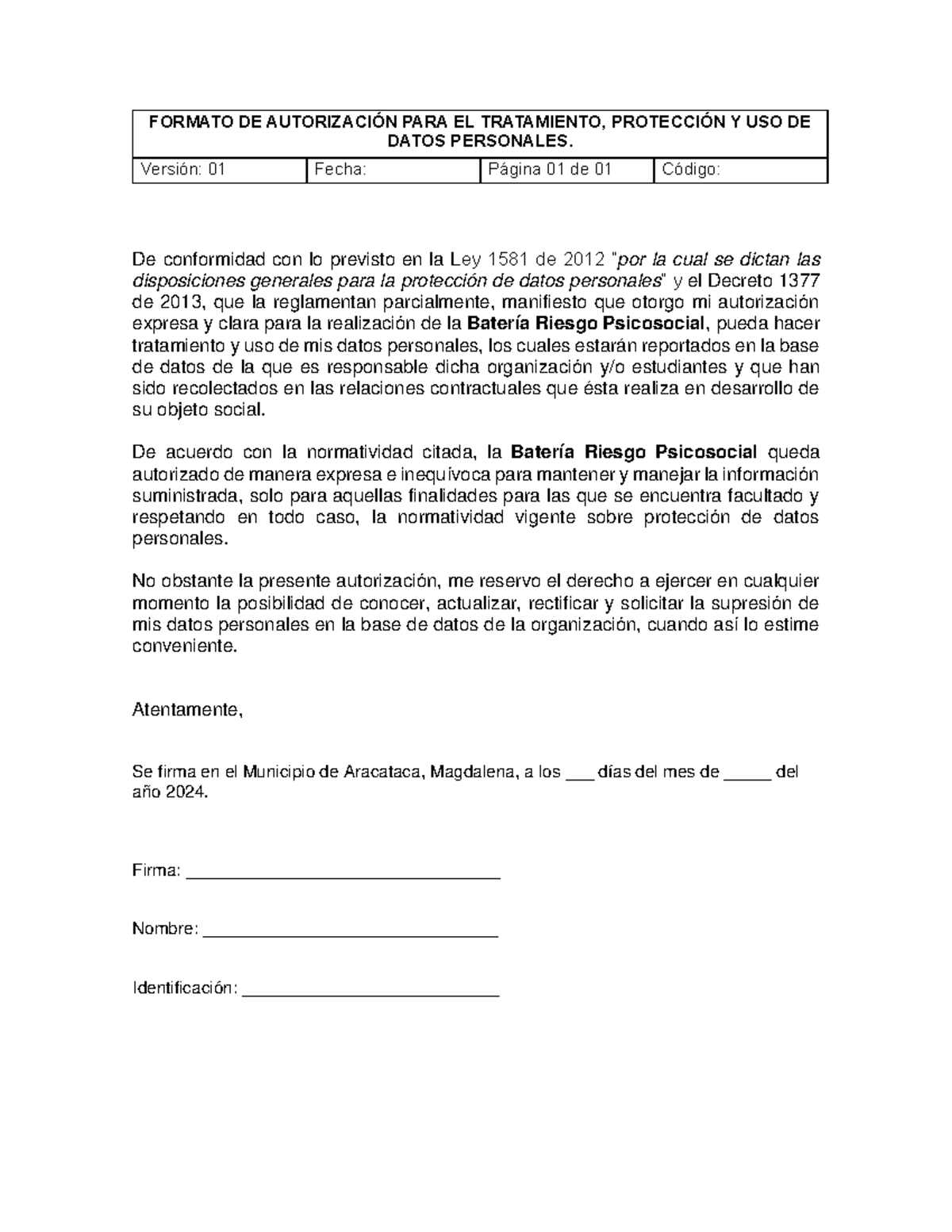 Modelo carta habeas data - FORMATO DE AUTORIZACIÓN PARA EL TRATAMIENTO ...