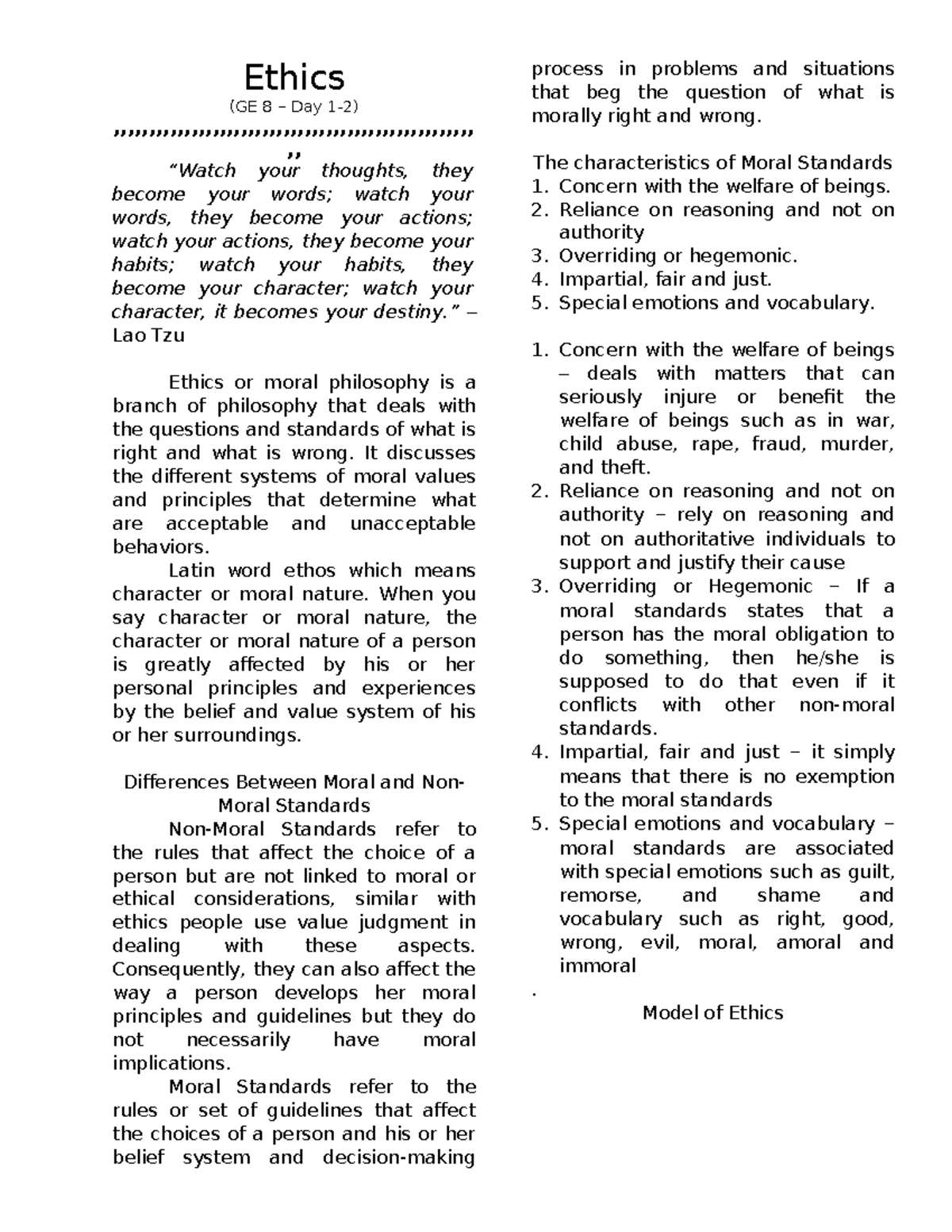 GEN ED 8 - Notes - Ethics (GE 8 – Day 1-2