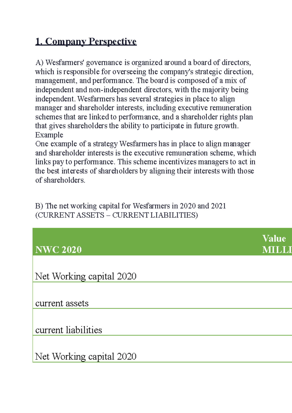 Final assesment - 1. Company Perspective A) Wesfarmers' governance is ...