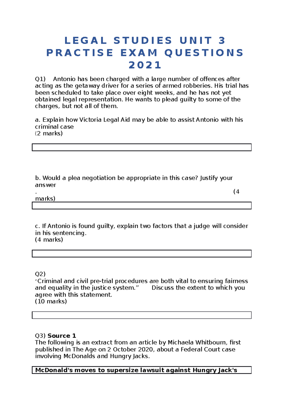 Legal Studies Unit 3 Practice Exam Questions - L E G A L S T U D I E S ...