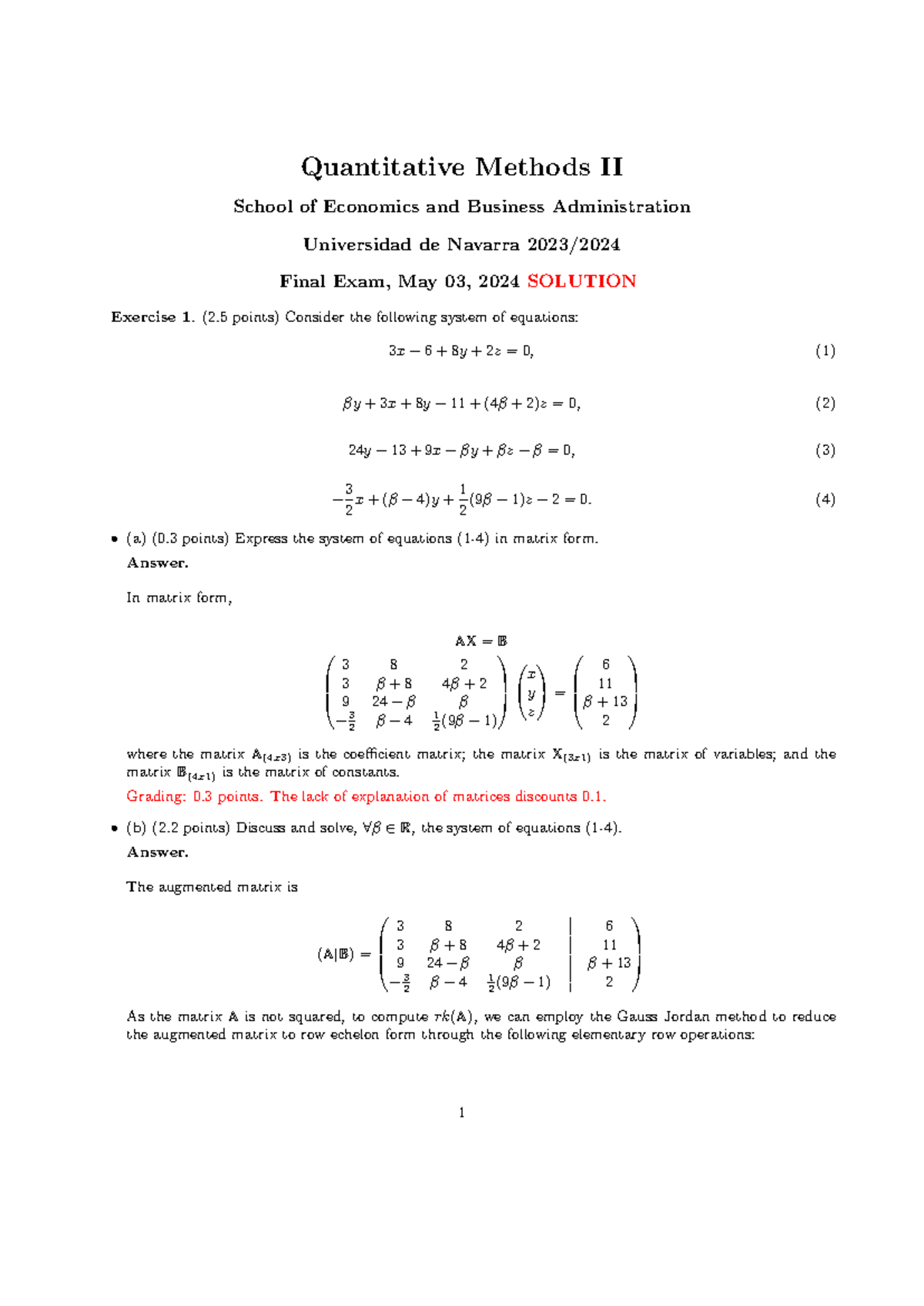 2024 Final Exam Solution - Quantitative Methods II School of Economics ...