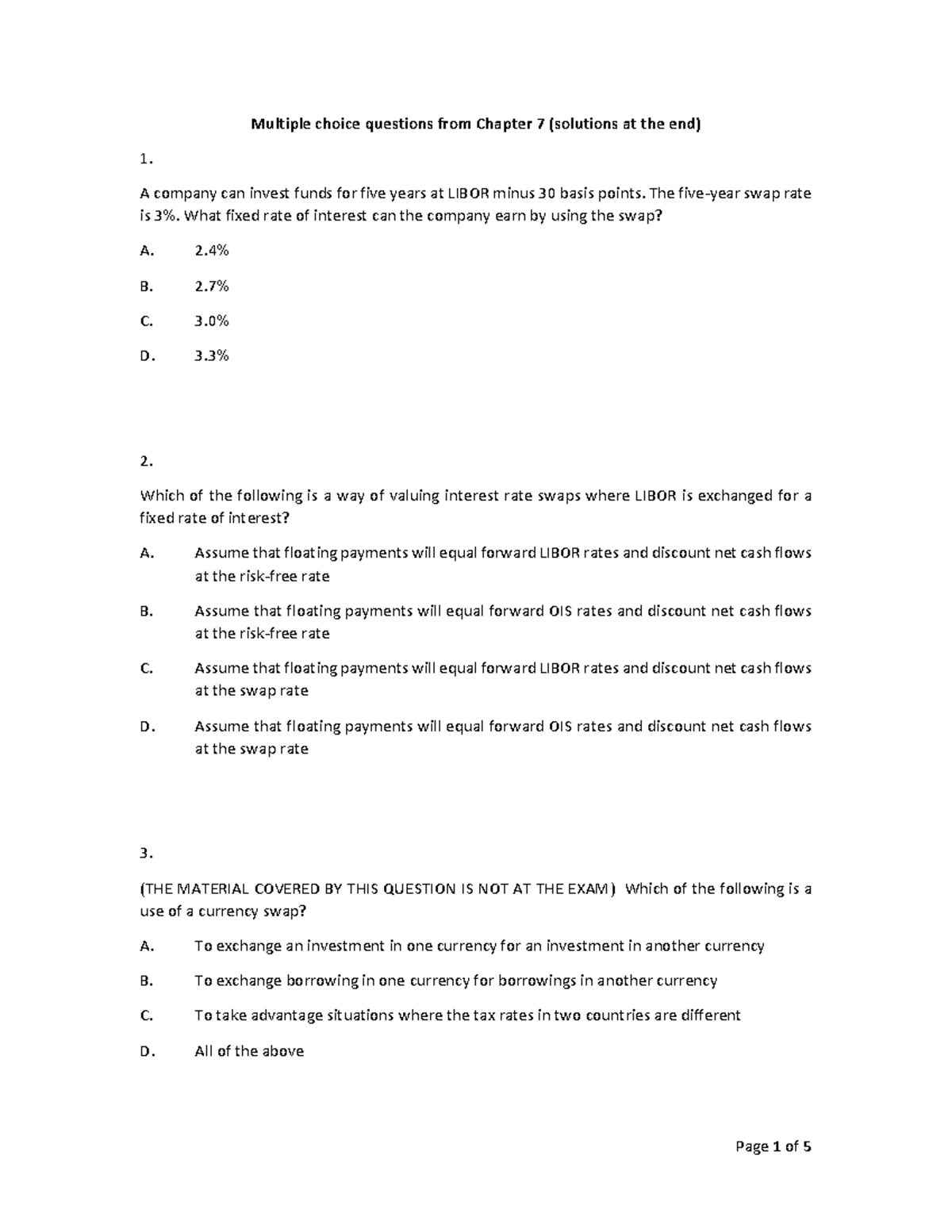 Seance 7e mult choices chap7 anglo - Multiple choice questions from ...