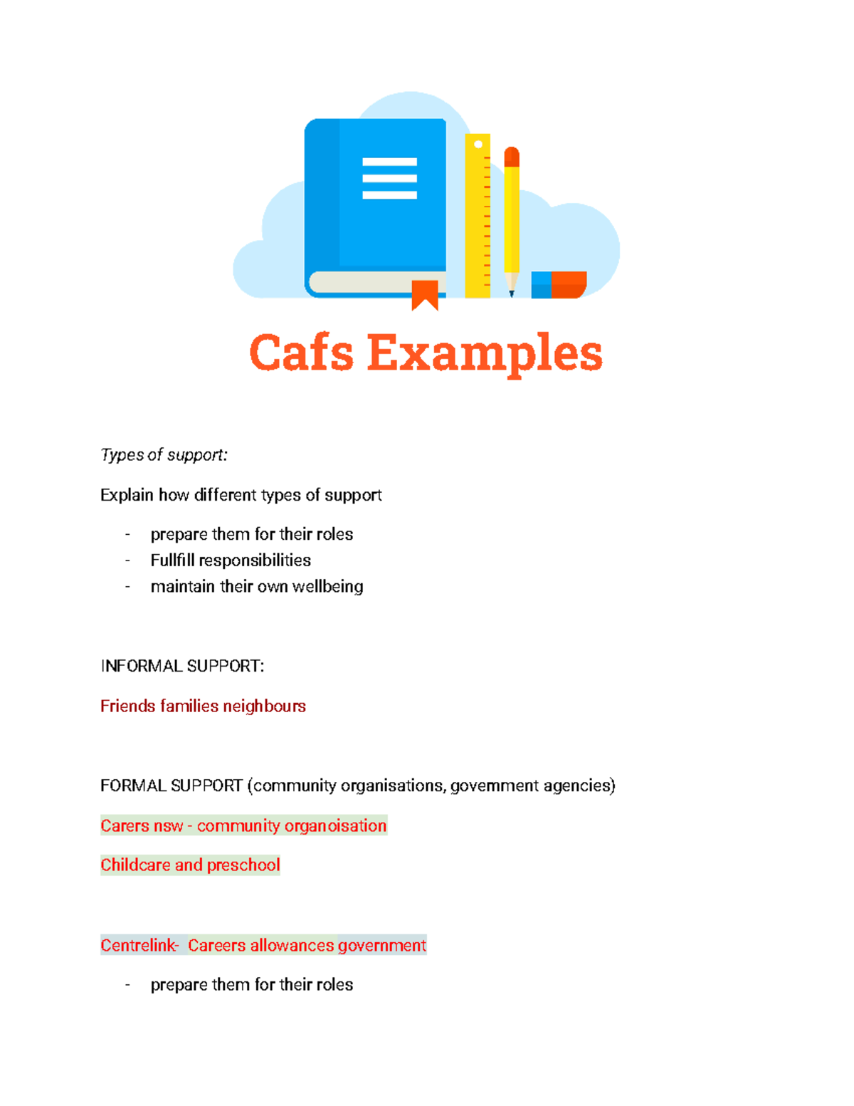 Class notes - cafs parenting and caring - Cafs Examples Types of ...