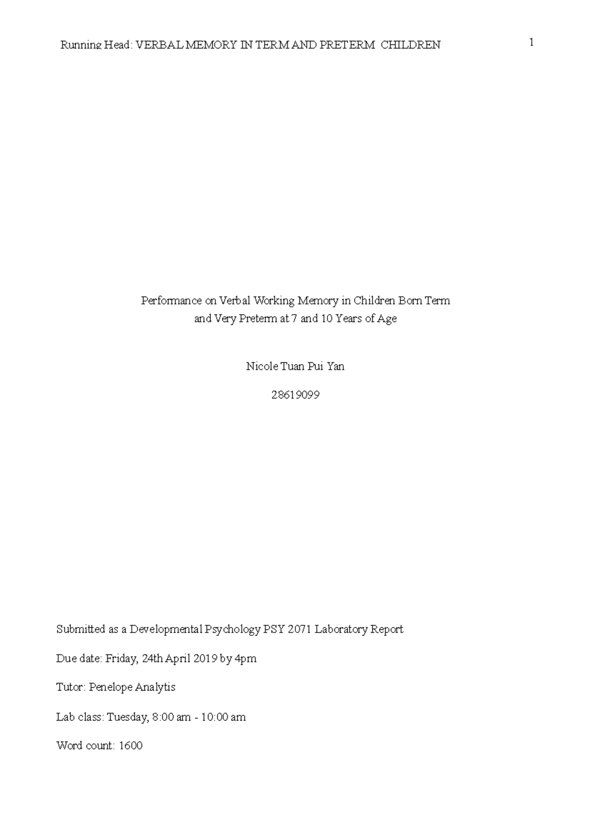 PSY2071 Laboratory Report Nicole TPY - Running Head: VERBAL MEMORY IN ...