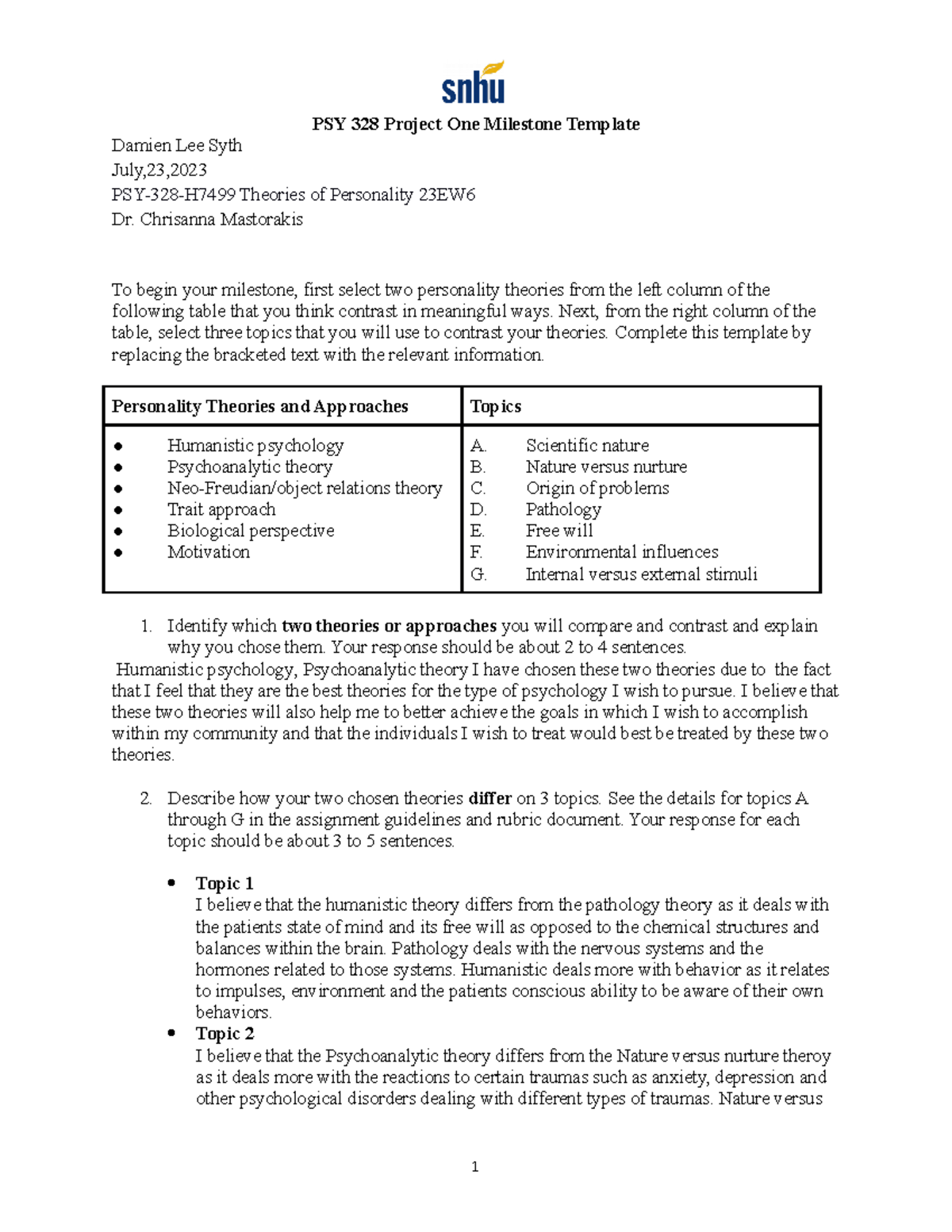 PSY 328 Project One Milestone Template - PSY 328 Project One Milestone ...