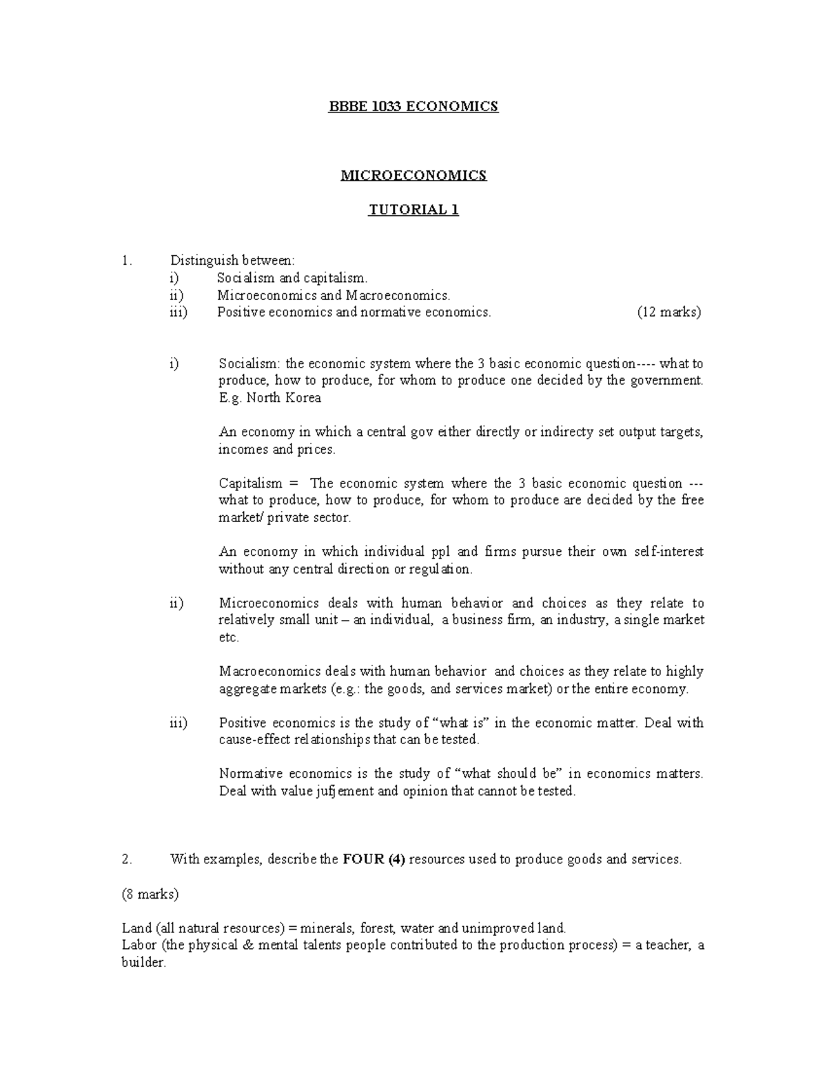Tutorial 1 Introduction - BBBE 1033 ECONOMICS MICROECONOMICS TUTORIAL 1 ...