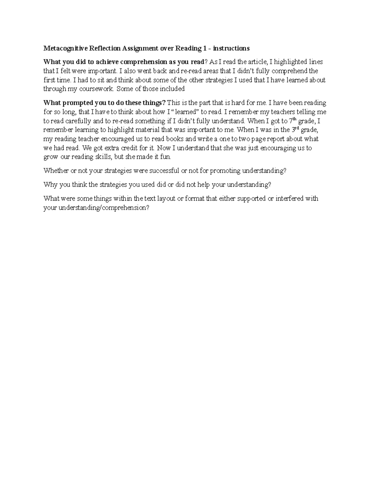 Metacognitive Reflection Assignment - instructions - Metacognitive ...