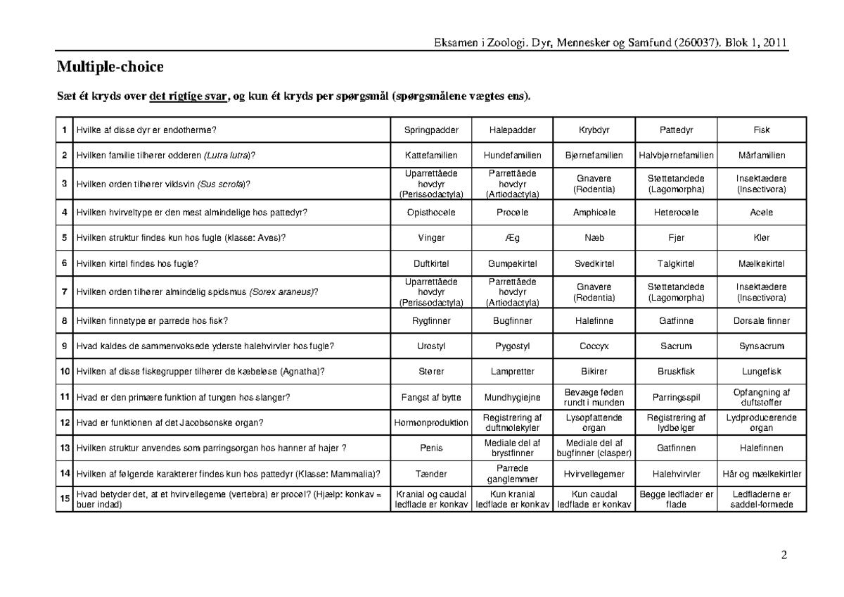 Eksamen Zoologi DMS Blok 1 2011 - Multiple-choice Sæt ét kryds over det ...