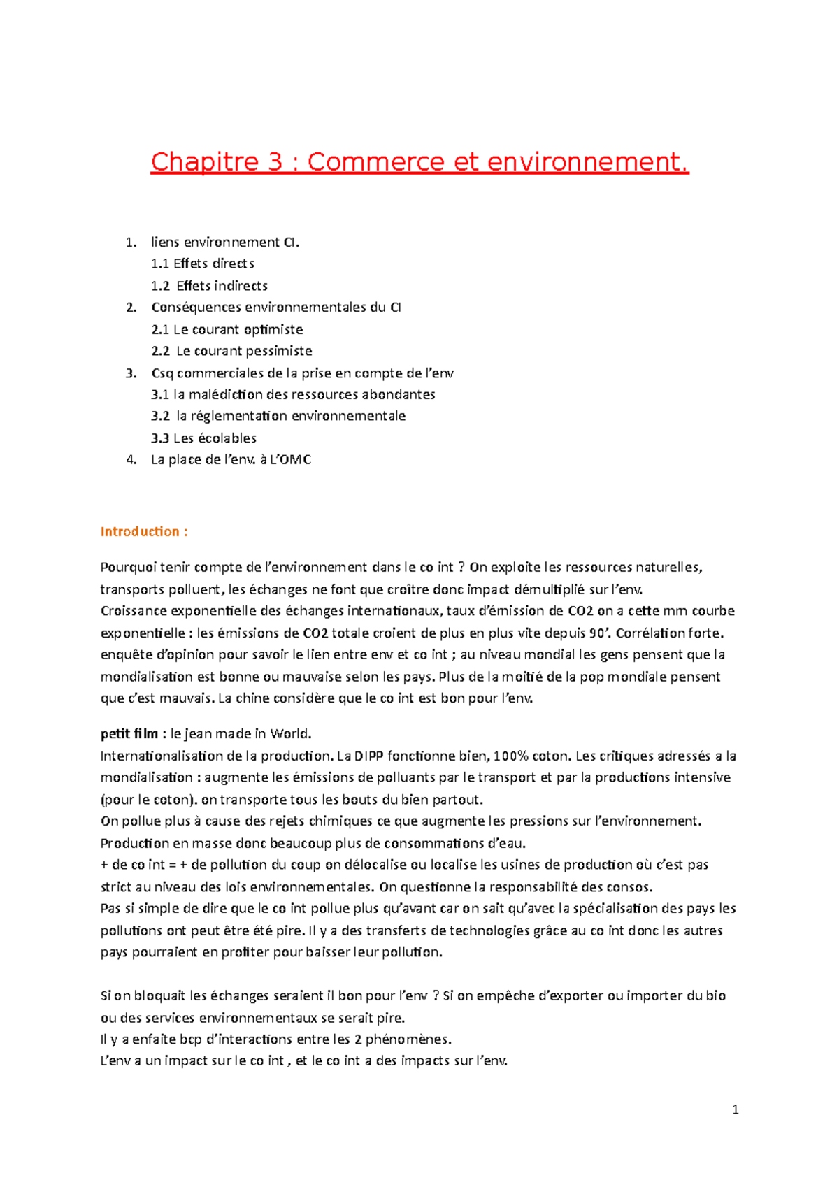 Eco Internationale - Notes de cours 3 - Chapitre 3 : Commerce et ...