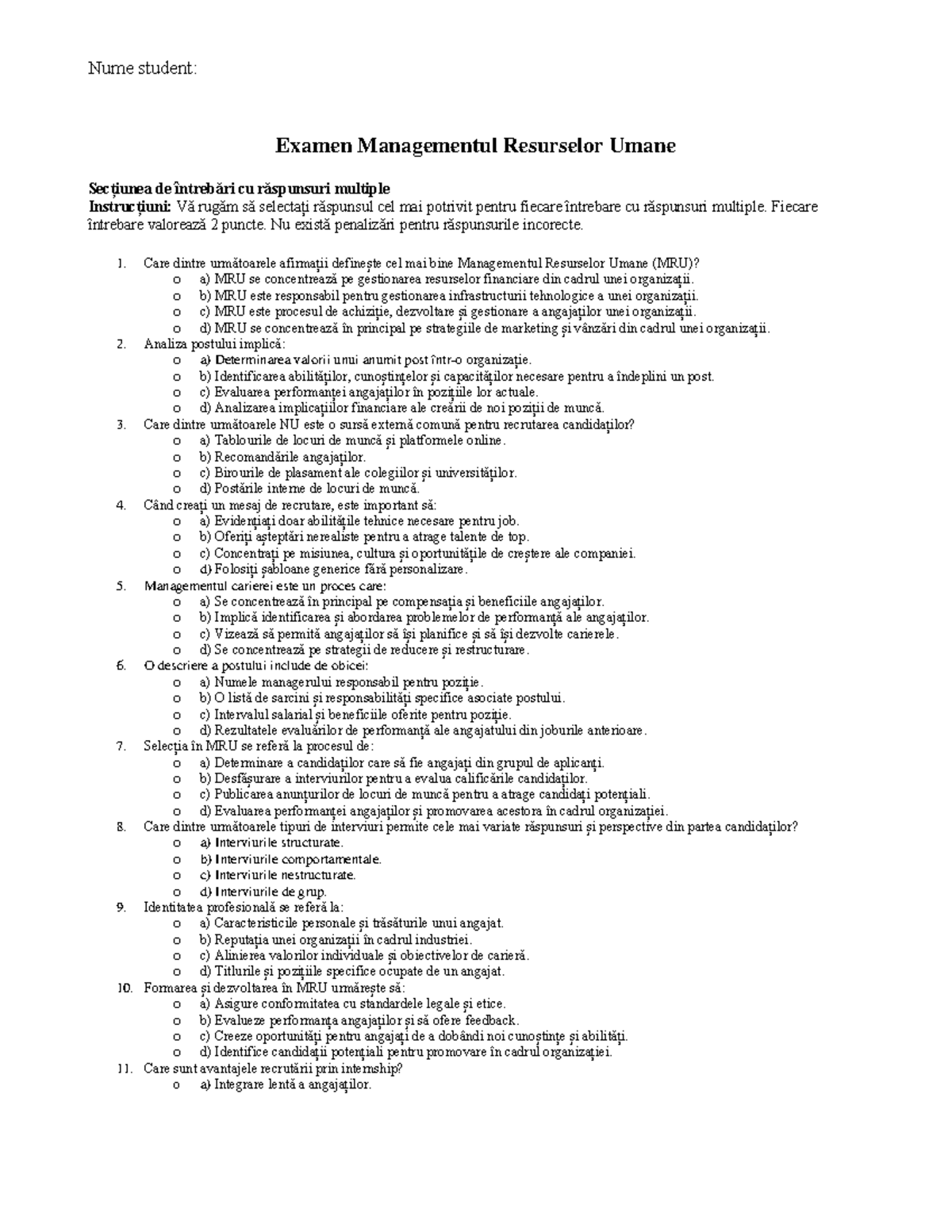 Simulare Examen MRU - Nume student: Examen Managementul Resurselor ...