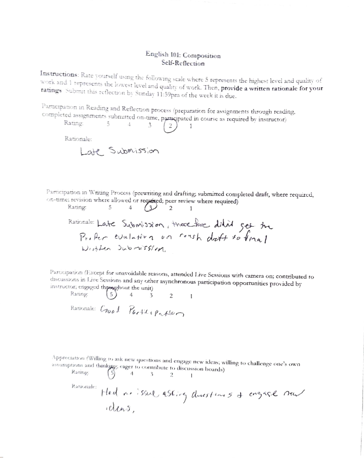 Eng 101- Self Reflection - Instructions: Rate yoursclf using the ...