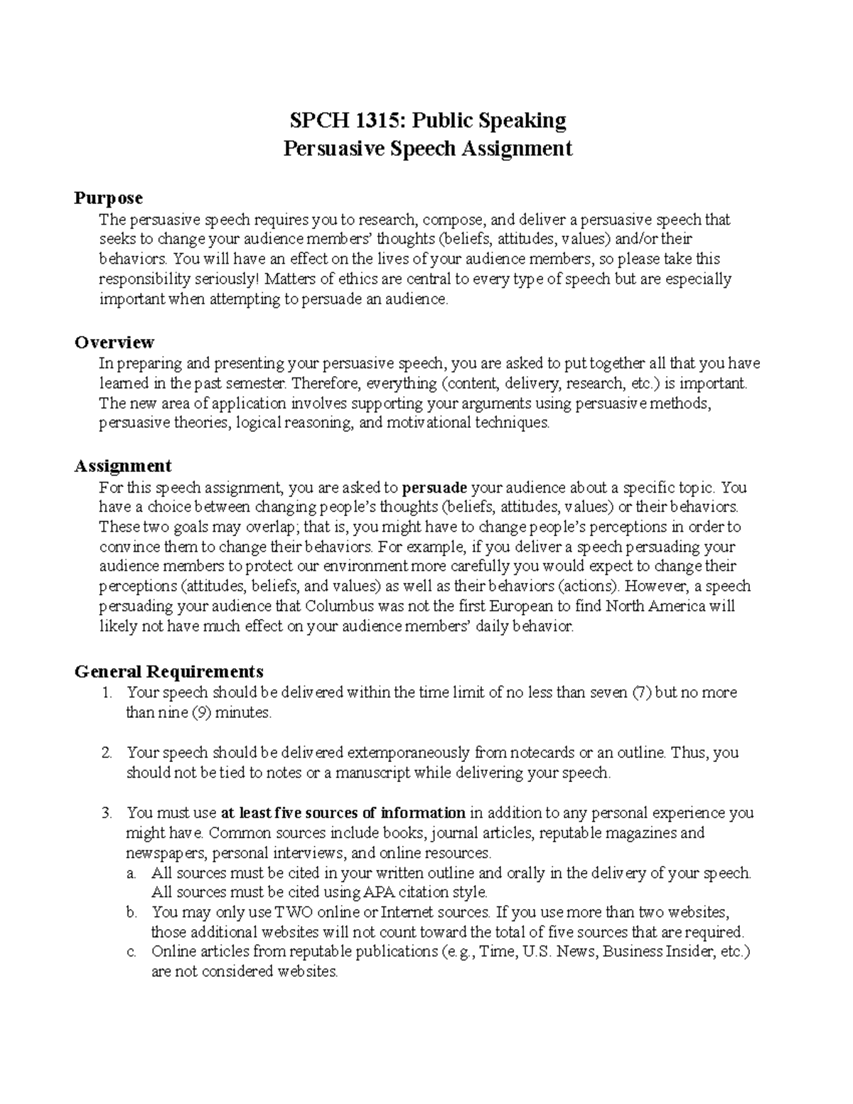 Persuasive Speech Assignment Description - SPCH 1315: Public Speaking ...