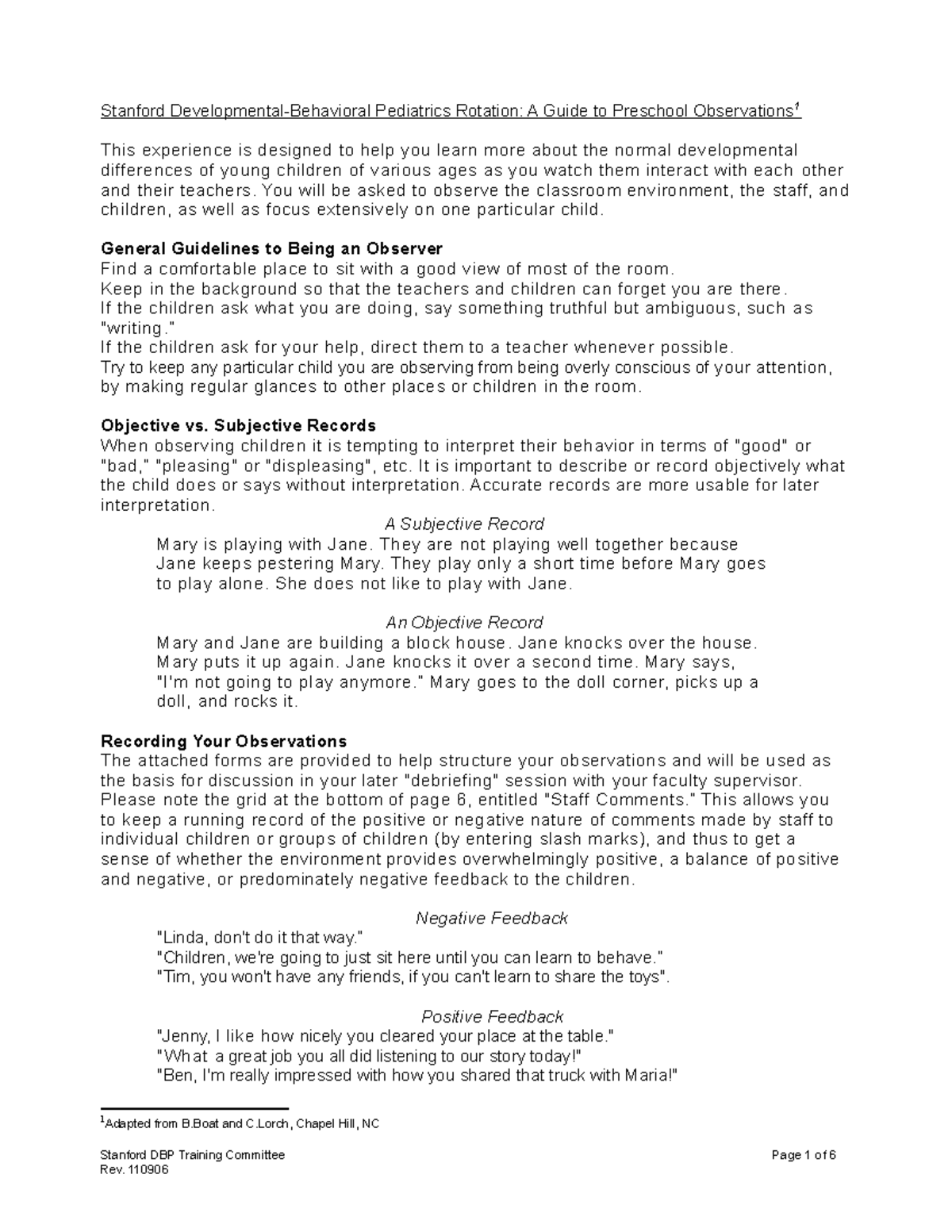 Observation-Stanford Preschool - Stanford Developmental-Behavioral ...