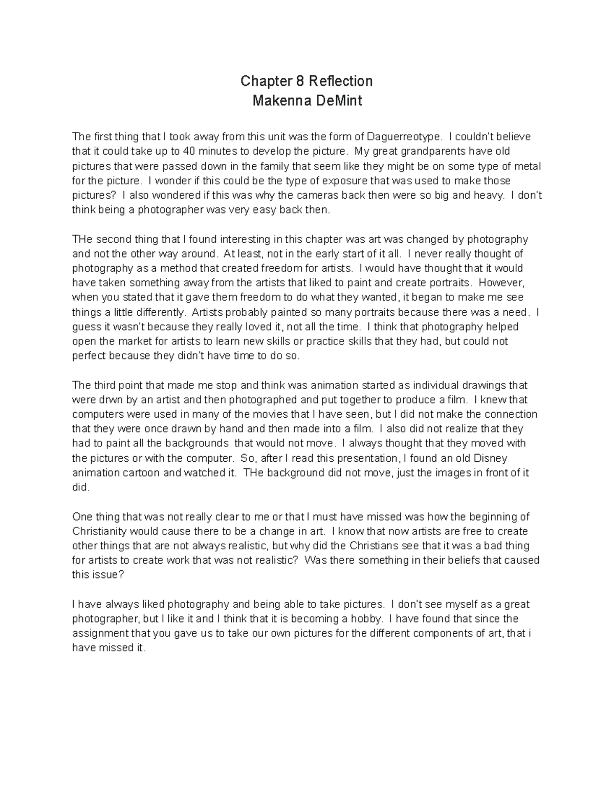 Chapter 8 Reflection - none - Chapter 8 Reflection Makenna DeMint The ...