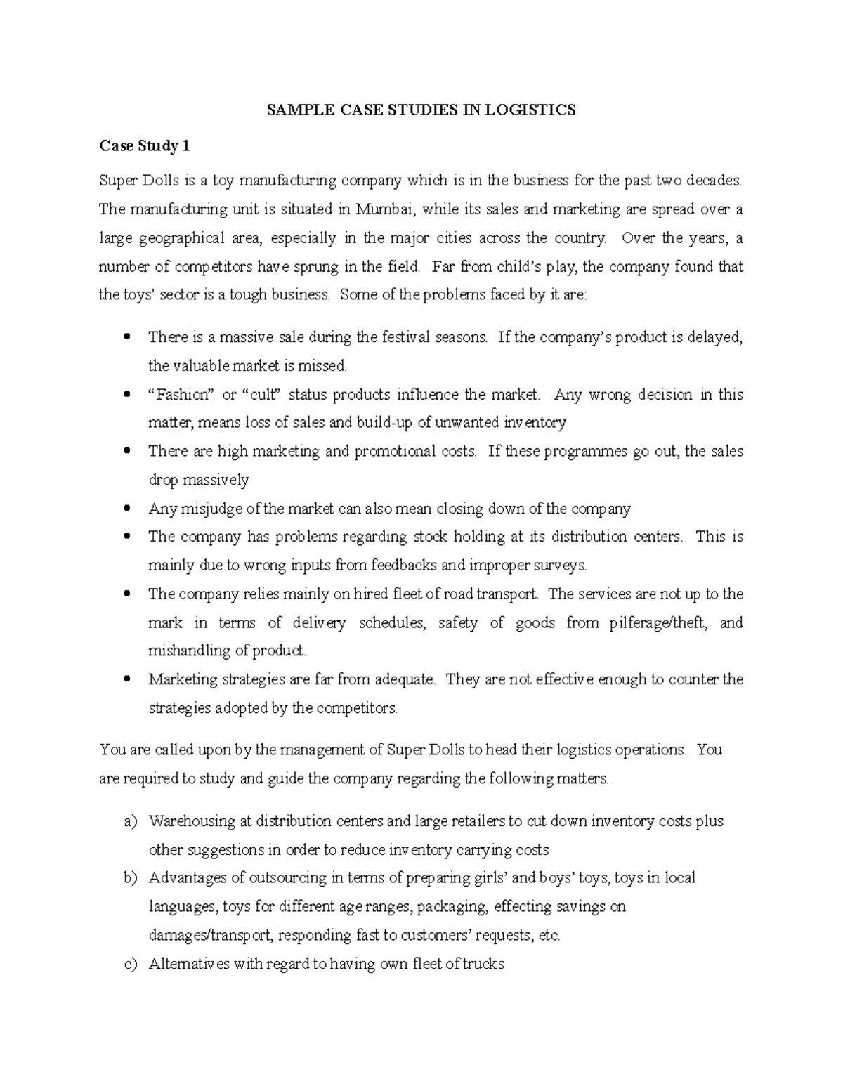 Sample CASE Studies IN Logistics - SAMPLE CASE STUDIES IN LOGISTICS ...