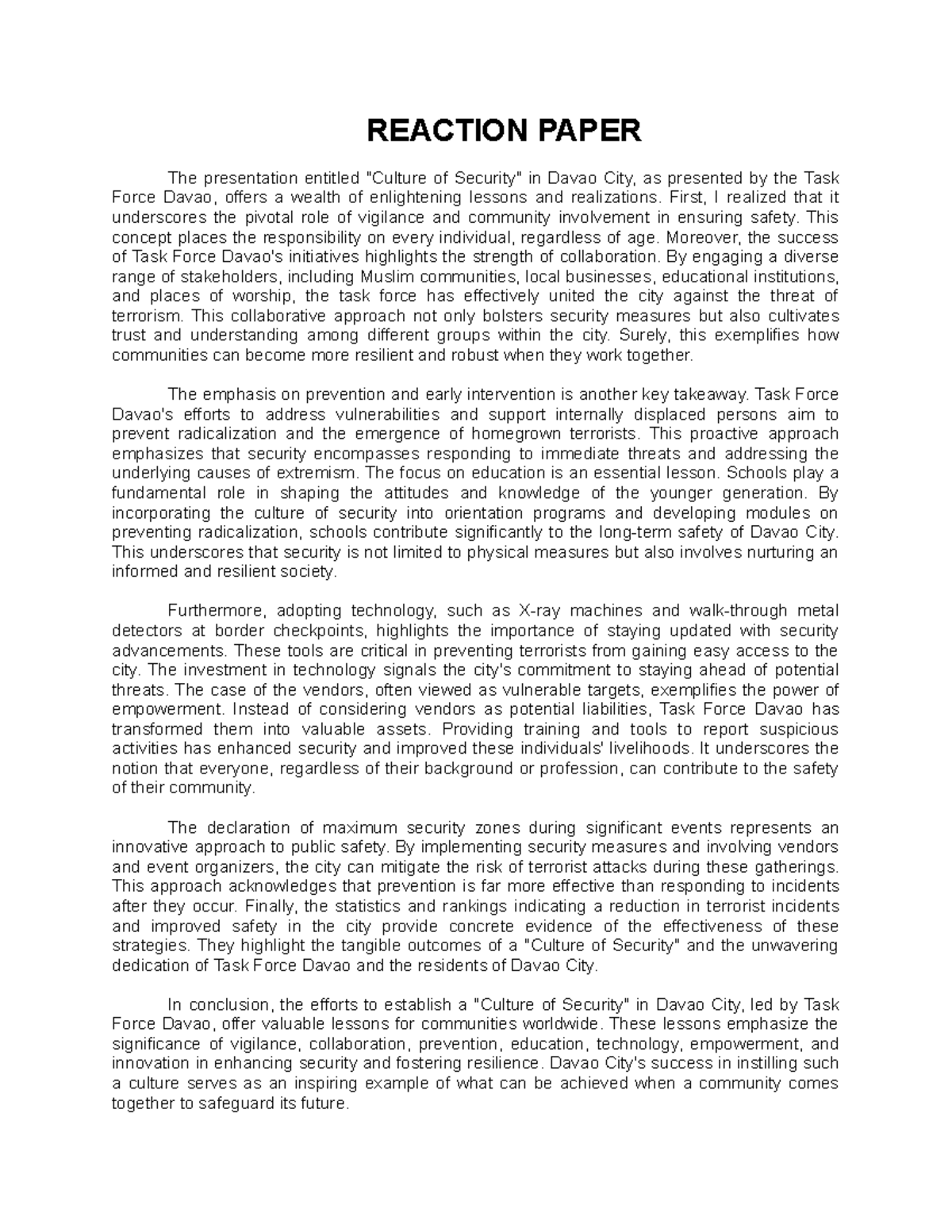 Reaction Paper - REACTION PAPER The presentation entitled "Culture of ...