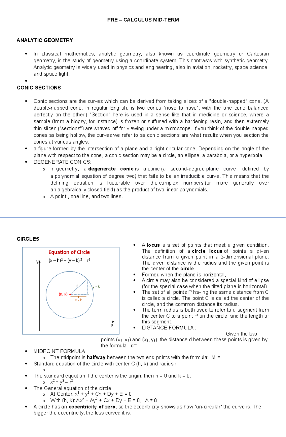 PRE - CALCULUS MID TERM - PRE – CALCULUS MID-TERM ANALYTIC GEOMETRY In ...