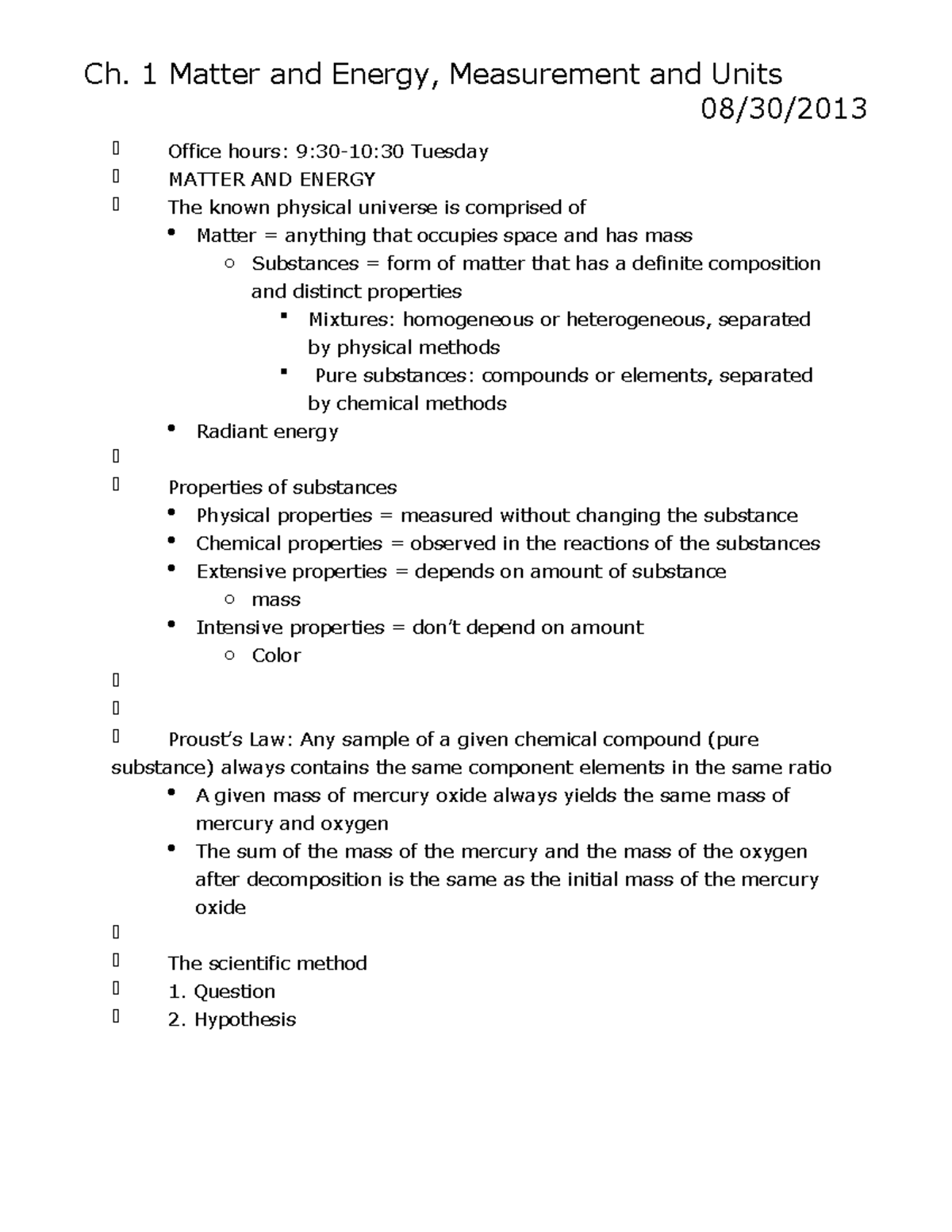 Chapter 1 - Matter and Energy - Ch. 1 Matter and Energy, Measurement ...