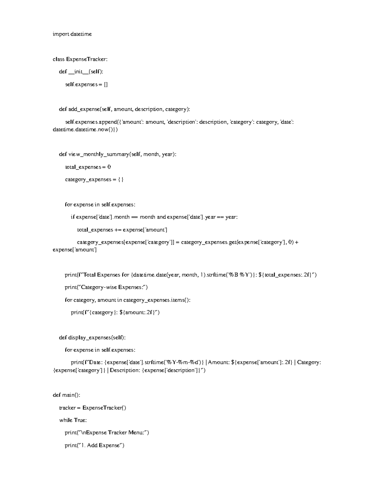 Pyt Summary Computer Science Import Datetime Class Expensetracker Def Initself Self