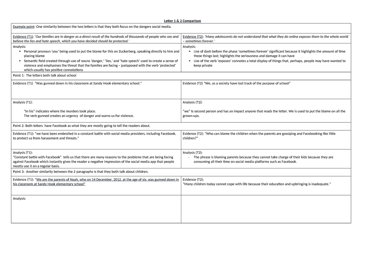 Comparison Worksheet (10) - Letter 1 & 2 Comparison Example point: One ...