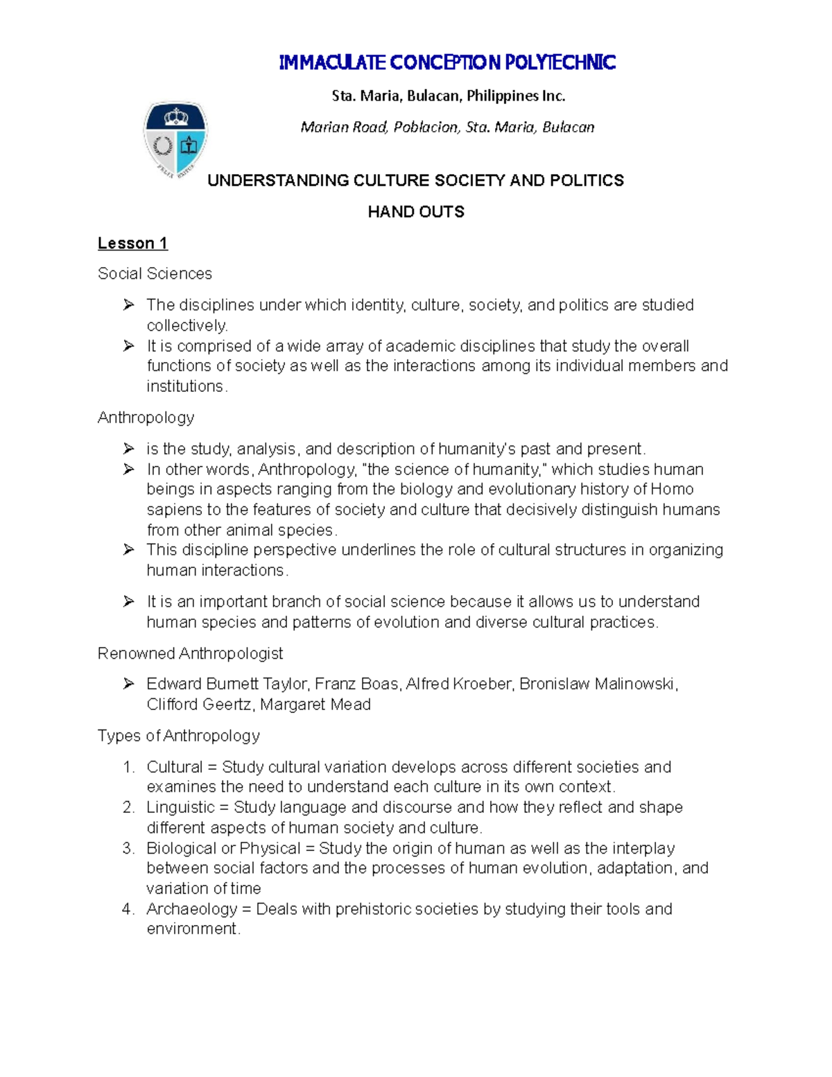 Lesson-1-UCSP - UCSP - UNDERSTANDING CULTURE SOCIETY AND POLITICS HAND ...
