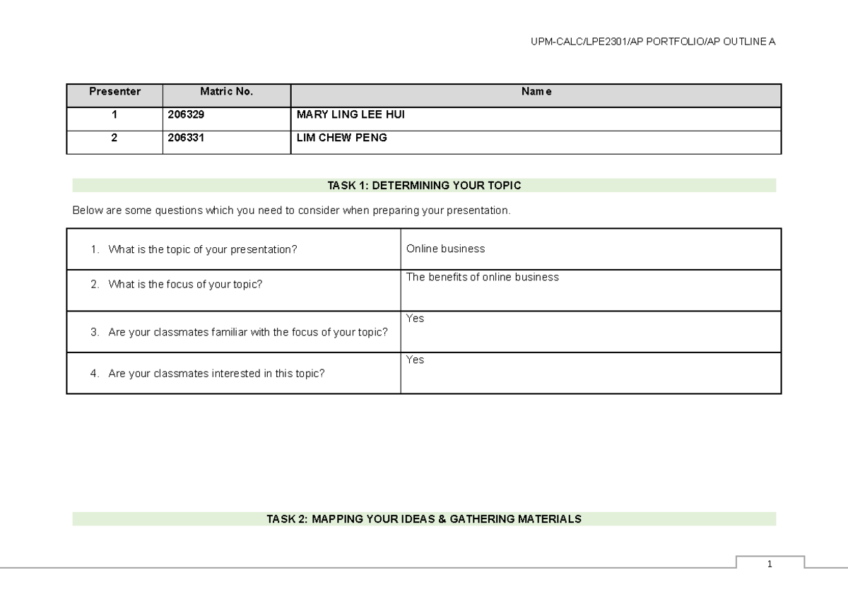 LPE2301 ACADEMIC Portfolio Outline A (PAIR) - 1 UPM-CALC/LPE2301/AP ...
