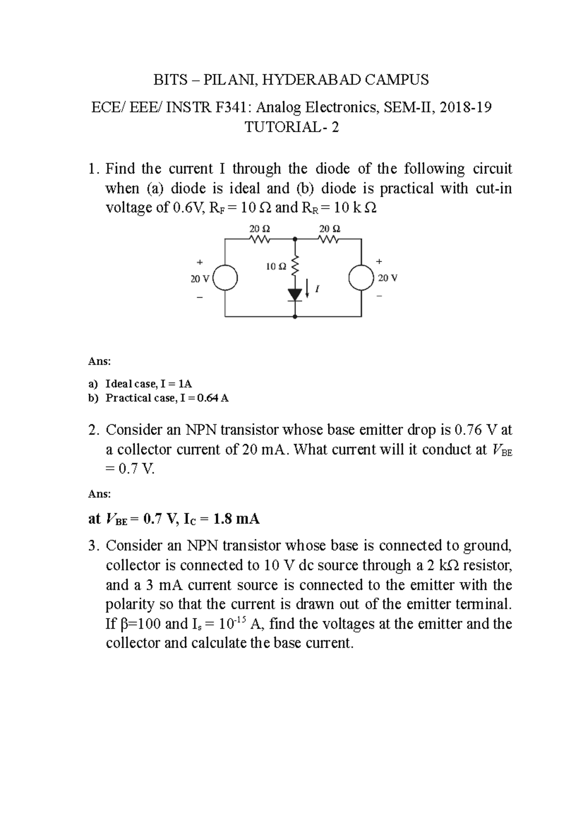 Tutorial 2 Analog Electronics with answers - BITS – PILANI, HYDERABAD CAMPUS ECE/ EEE/ INSTR ...