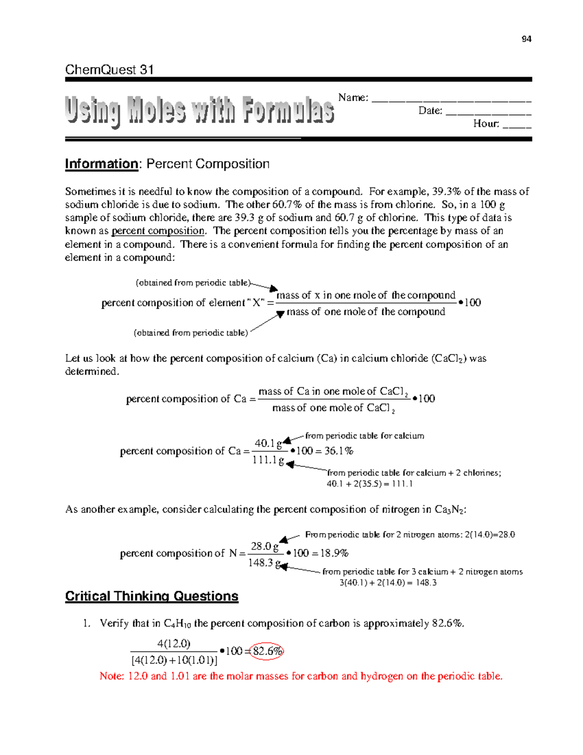Chemquest 31 Answer Key - ChemQuest 31 Name ...