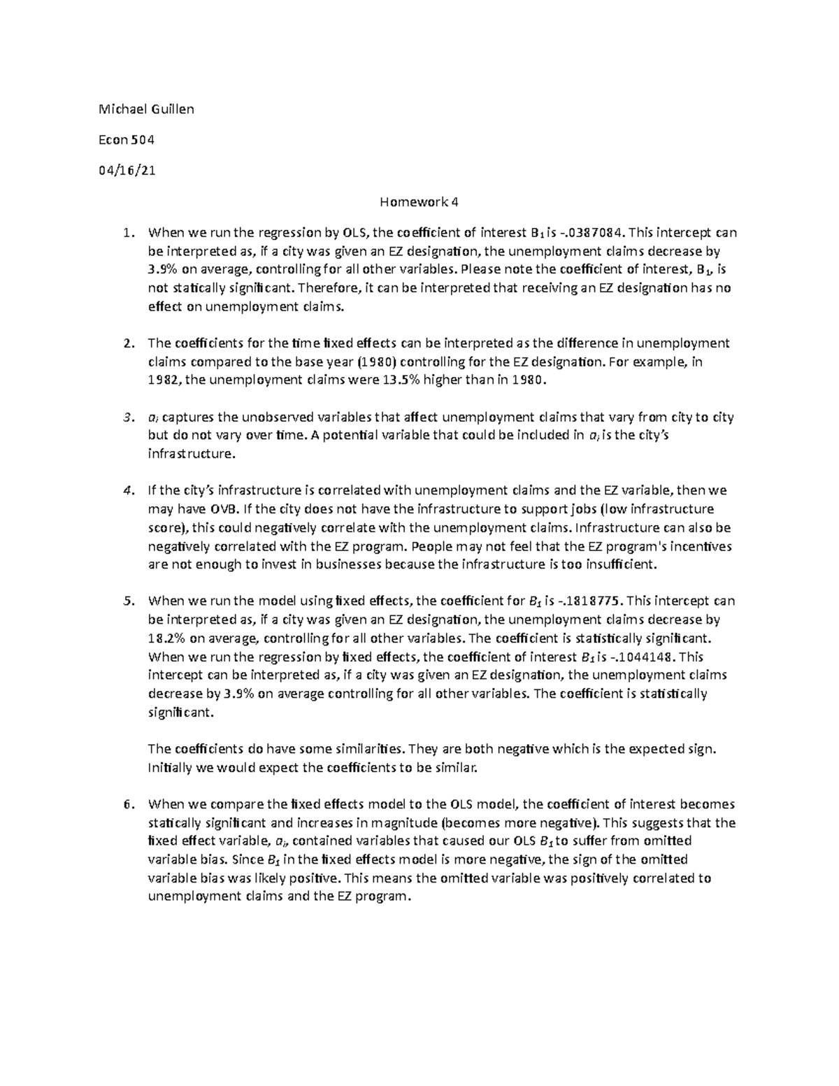 Guillen Econ 505 HW 4 - Homework - Michael Guillen Econ 504 04/16 ...