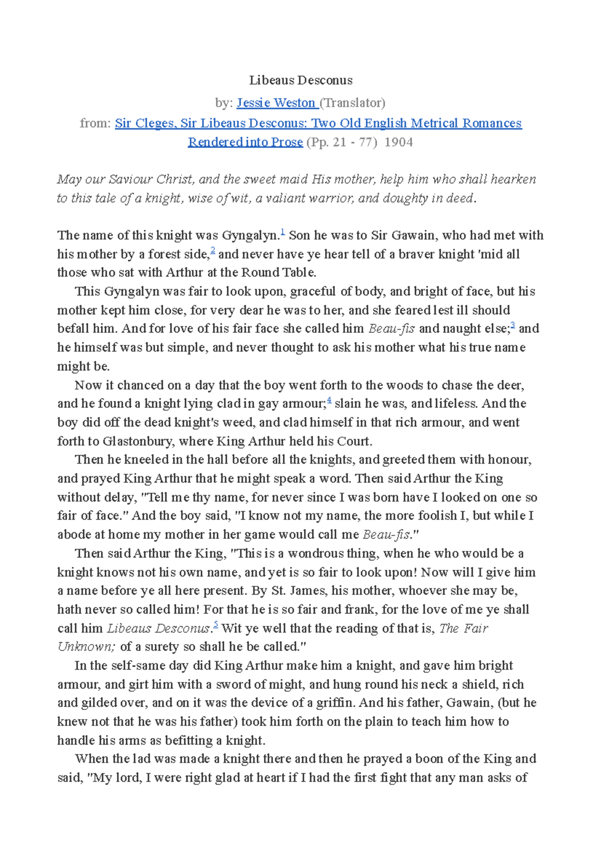 Sir Libeaus Desconus - lettura - Libeaus Desconus by: Jessie Weston ...