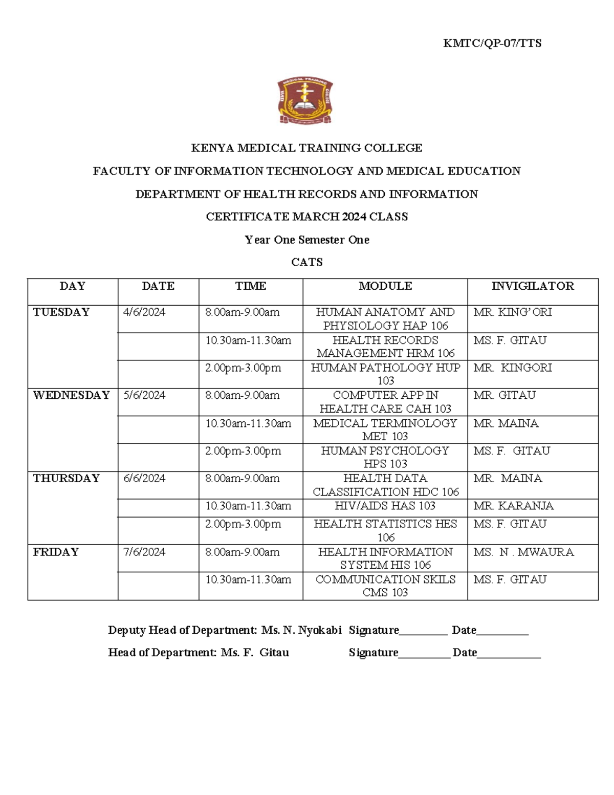CERT 1.1 March 2023 CAT Timetable-1 - KMTC/QP-07/TTS KENYA MEDICAL TRAINING COLLEGE FACULTY OF ...