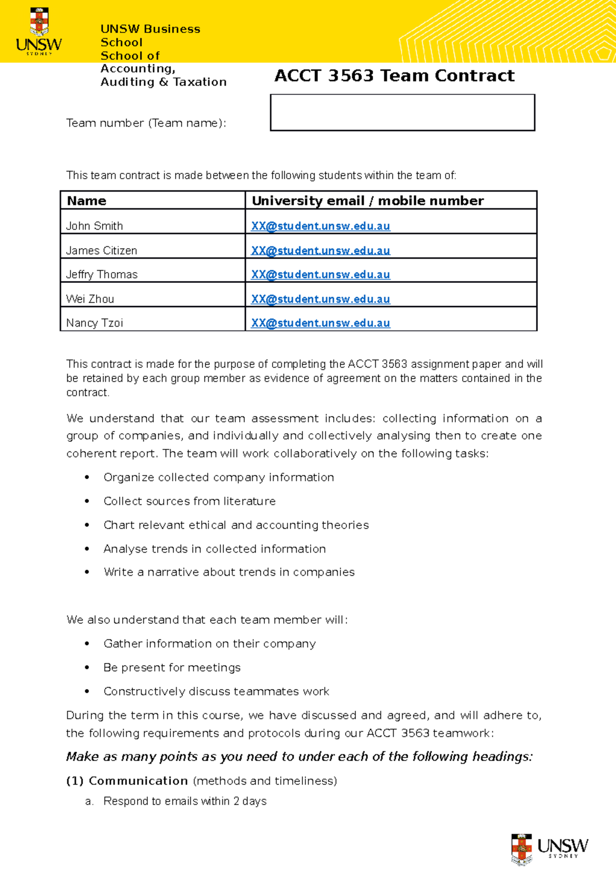ACCT 3563 Team Contract example - ACCT 3563 Team Contract Team number ...