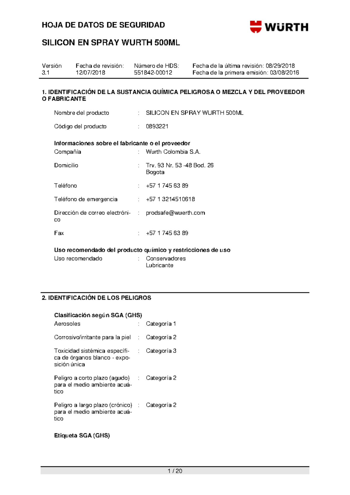 3. Ficha DE Seguridad Silicona EN Spray - SILICON EN SPRAY WURTH 500ML ...