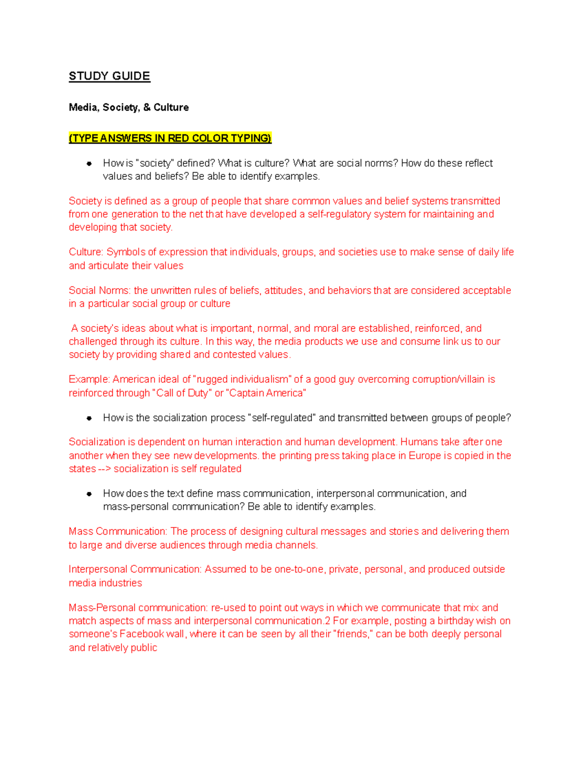 COM 107 Study Guide - STUDY GUIDE Media, Society, & Culture (TYPE ...