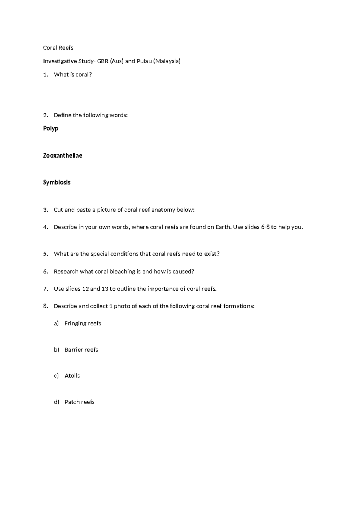 Coral Reefs Worksheet Coral Reefs Investigative Study GBR Aus And