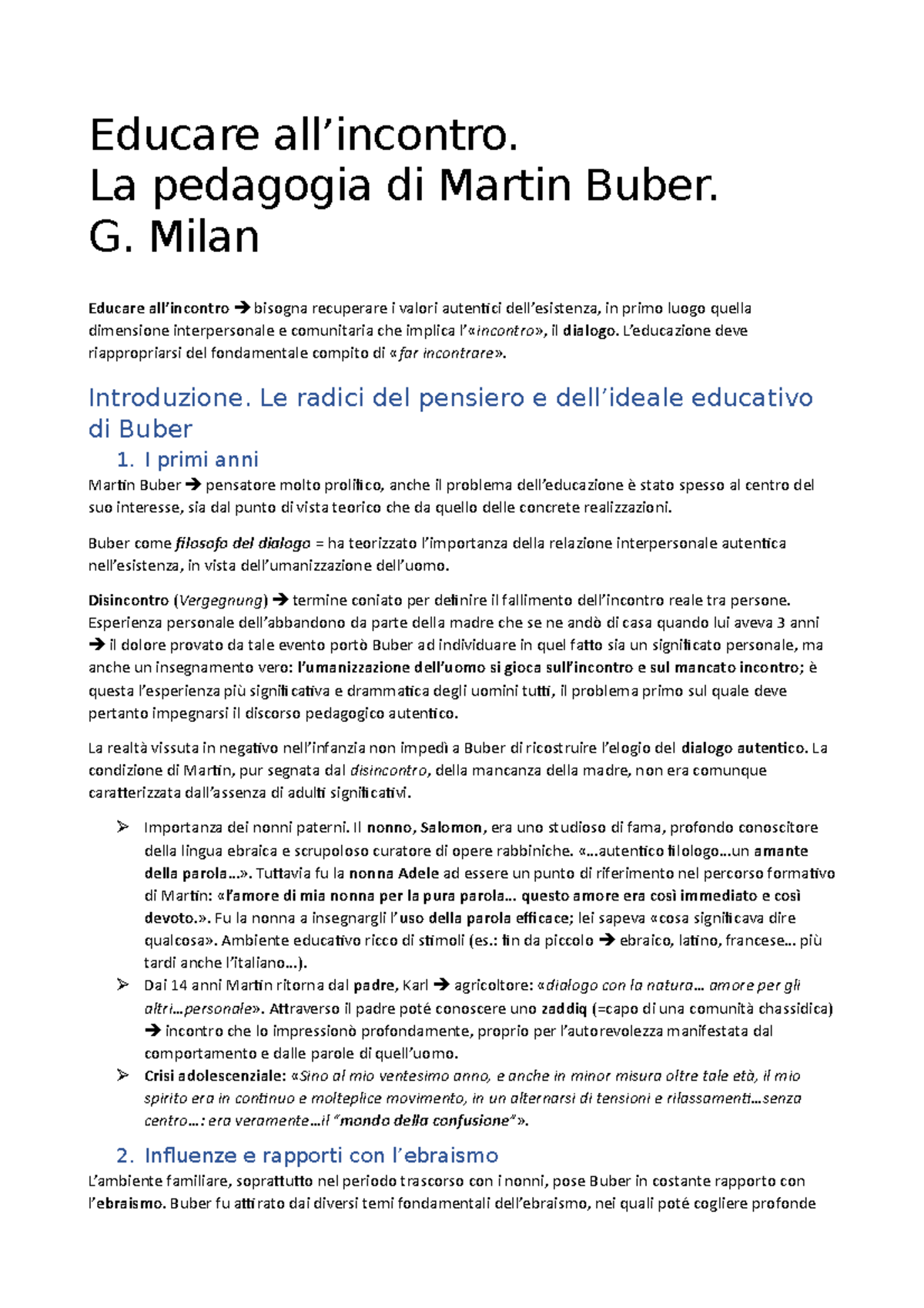Educare all'incontro - La pedagogia di Martin Buber. G. Milan Educare ...