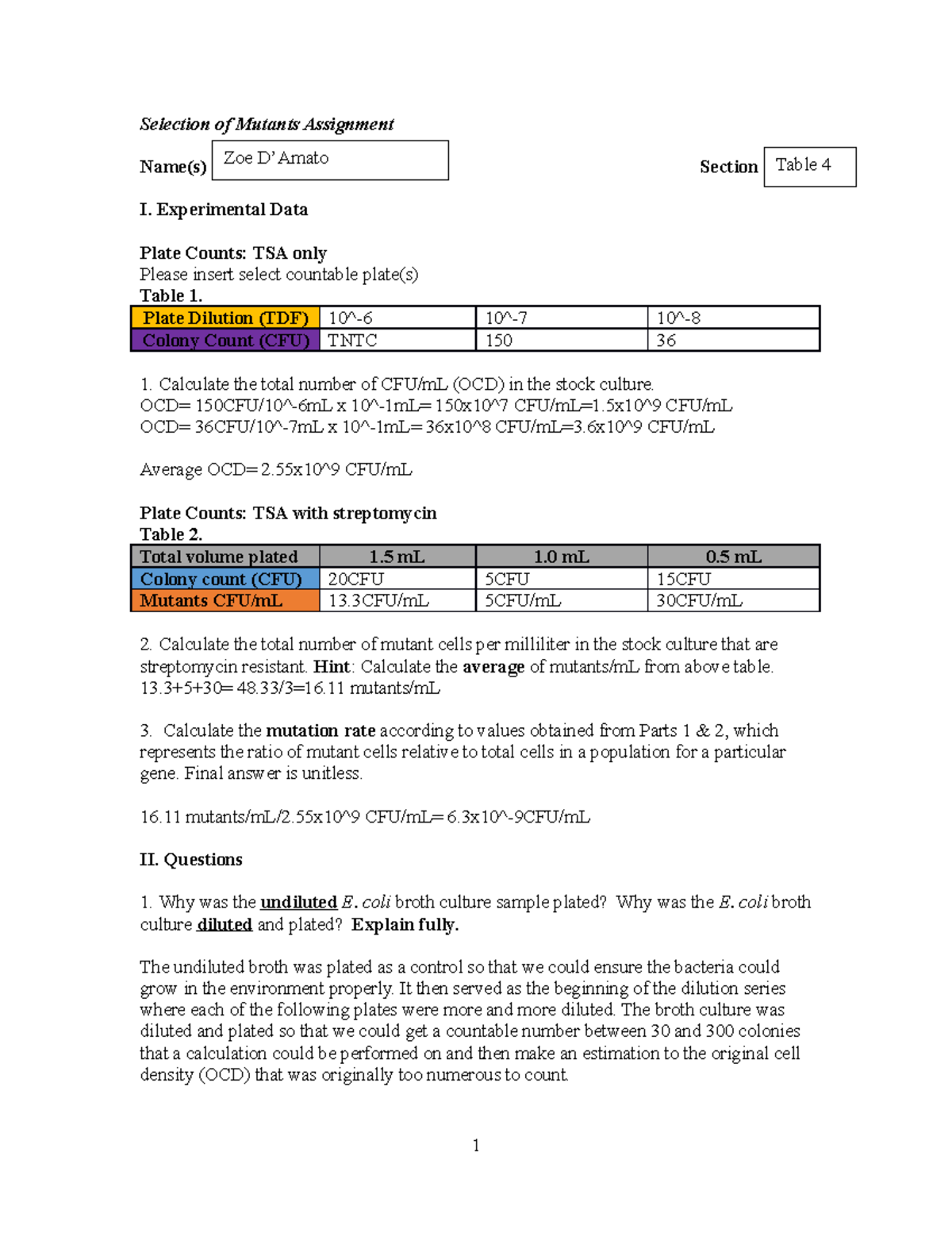Bio L Selection of Mutants Assignment - Selection of Mutants Assignment Name(s) Section I. - Studocu