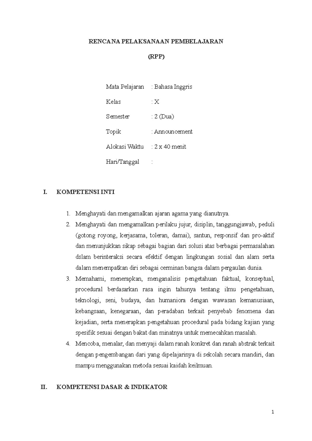 ELP RPP 4 - an english lesson plan for 10th grade about announcement ...