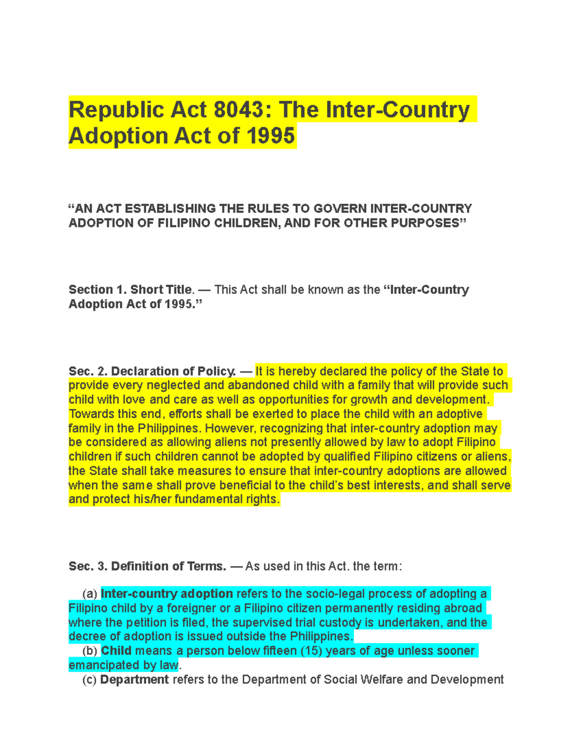 RA 8043 Inter Country Adoption Act - Republic Act 8043: The Inter ...