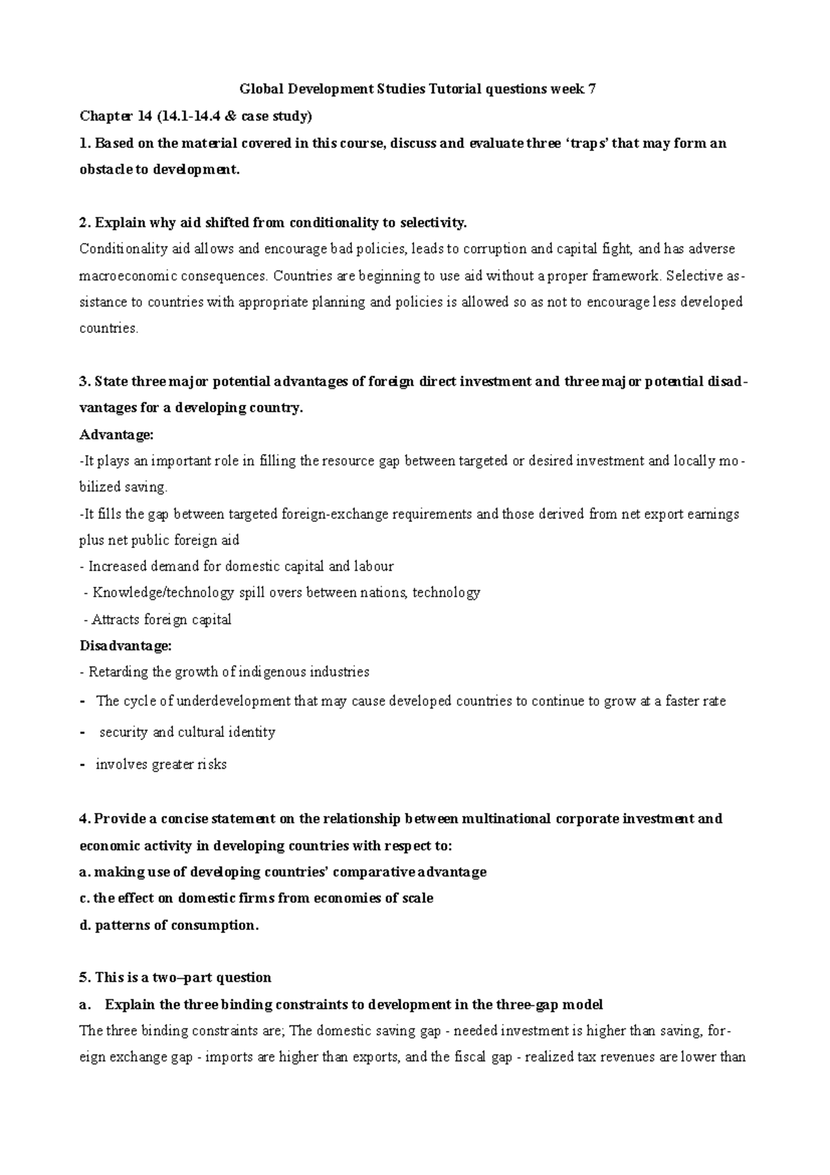 GDS-TTL7 - with note - Global Development Studies Tutorial questions week 7 Chapter 14 (14.1-14 ...