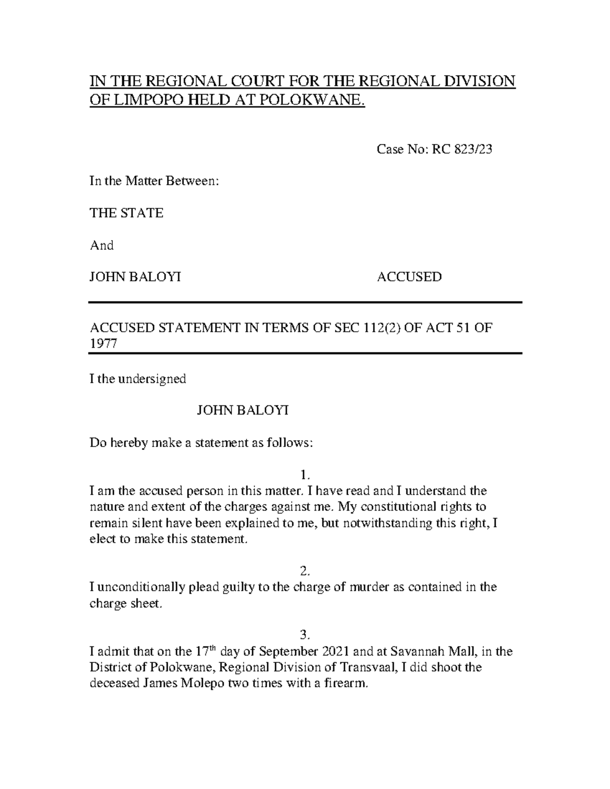 Statement in terms of Sec 112(2) 2023 - IN THE REGIONAL COURT FOR THE ...